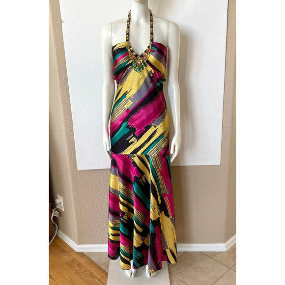 Danelle's | Dresses | Danelles Bright Maxi Gown Beaded Bling Halter ...